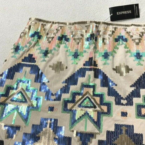 Express | Skirts | Nwt Express Xs Cream Sequin Stretch Mini Skirt Southwestern Aztec Shimmer ...